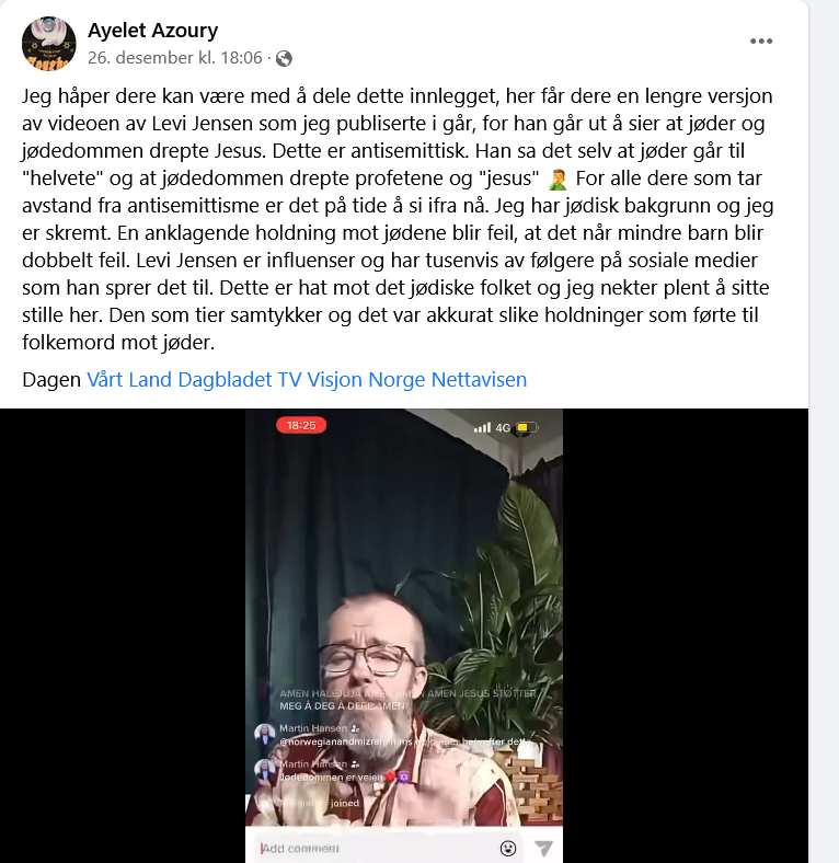 Levy Jensen med et øyeblikks klarsyn. Ayelet Azoury vil ha dødstraff for antisemittisme i Norge ...